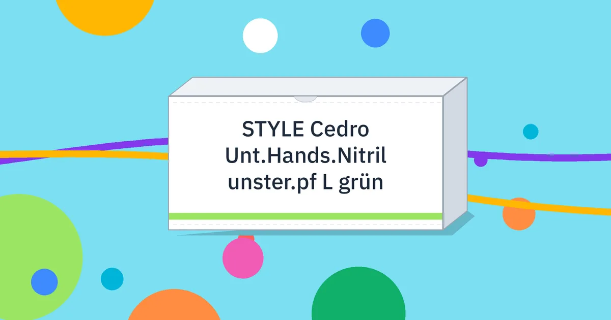 Symbolbild: Packung mit der Aufschrift STYLE Cedro Unt.Hands.Nitril unster.pf L grün (PZN 14819560) – Verfügbarkeit und Bezug in Apotheken in Frankfurt am Main
