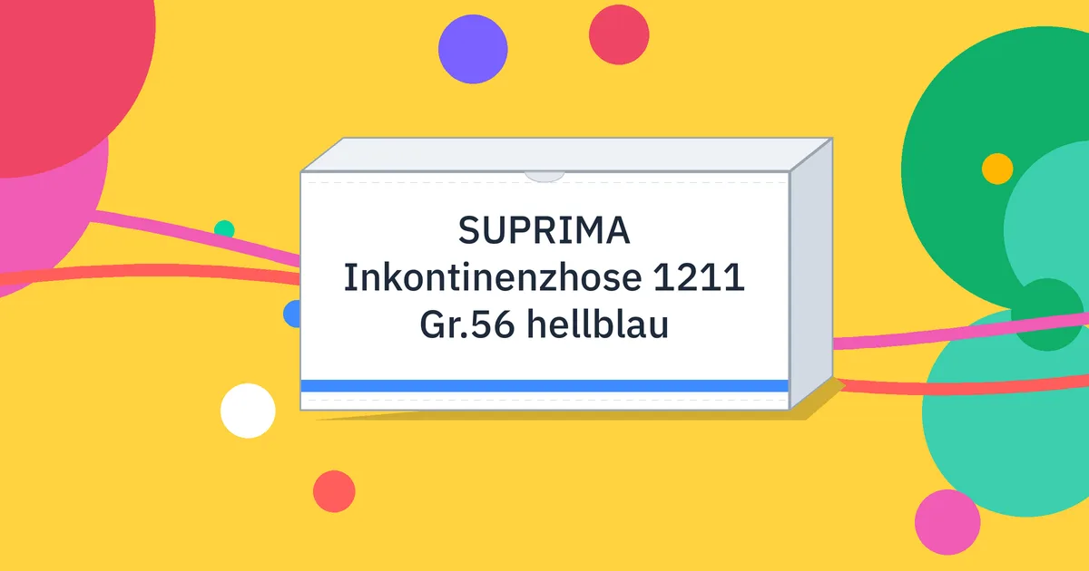 Symbolbild: Packung mit der Aufschrift SUPRIMA Inkontinenzhose 1211 Gr.56 hellblau (PZN 03024225) – Verfügbarkeit und Bezug in Apotheken in Frankfurt am Main
