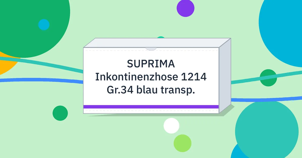 Symbolbild: Packung mit der Aufschrift SUPRIMA Inkontinenzhose 1214 Gr.34 blau transp. (PZN 02852658) – Verfügbarkeit und Bezug in Apotheken in Frankfurt am Main
