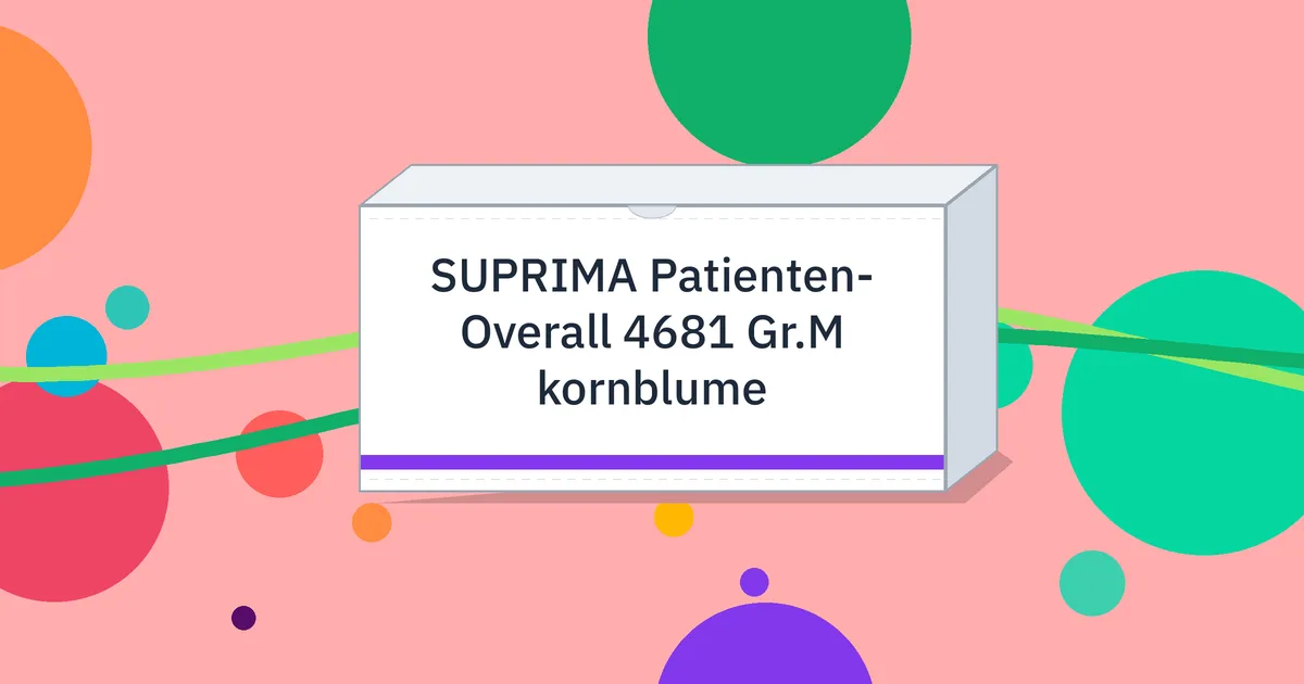 Symbolbild: Packung mit der Aufschrift SUPRIMA Patienten-Overall 4681 Gr.M kornblume (PZN 19631105) – Verfügbarkeit und Bezug in Apotheken in Frankfurt am Main