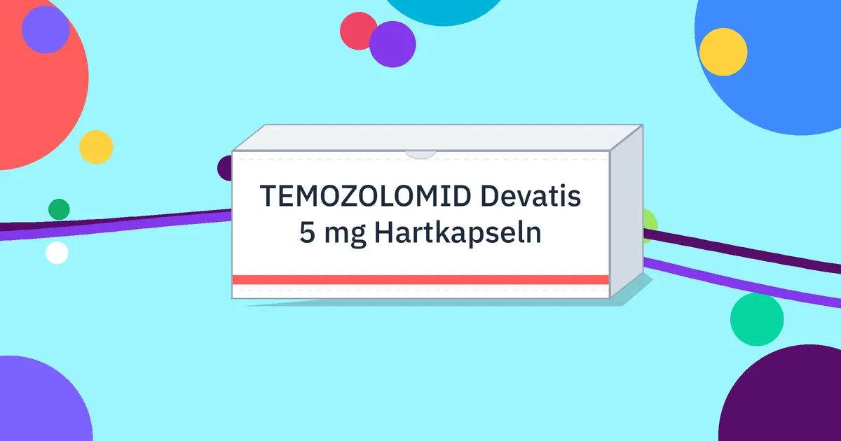Symbolbild: Packung mit der Aufschrift TEMOZOLOMID Devatis 5 mg Hartkapseln (PZN 17981841) – Verfügbarkeit und Bezug in Apotheken in Frankfurt am Main