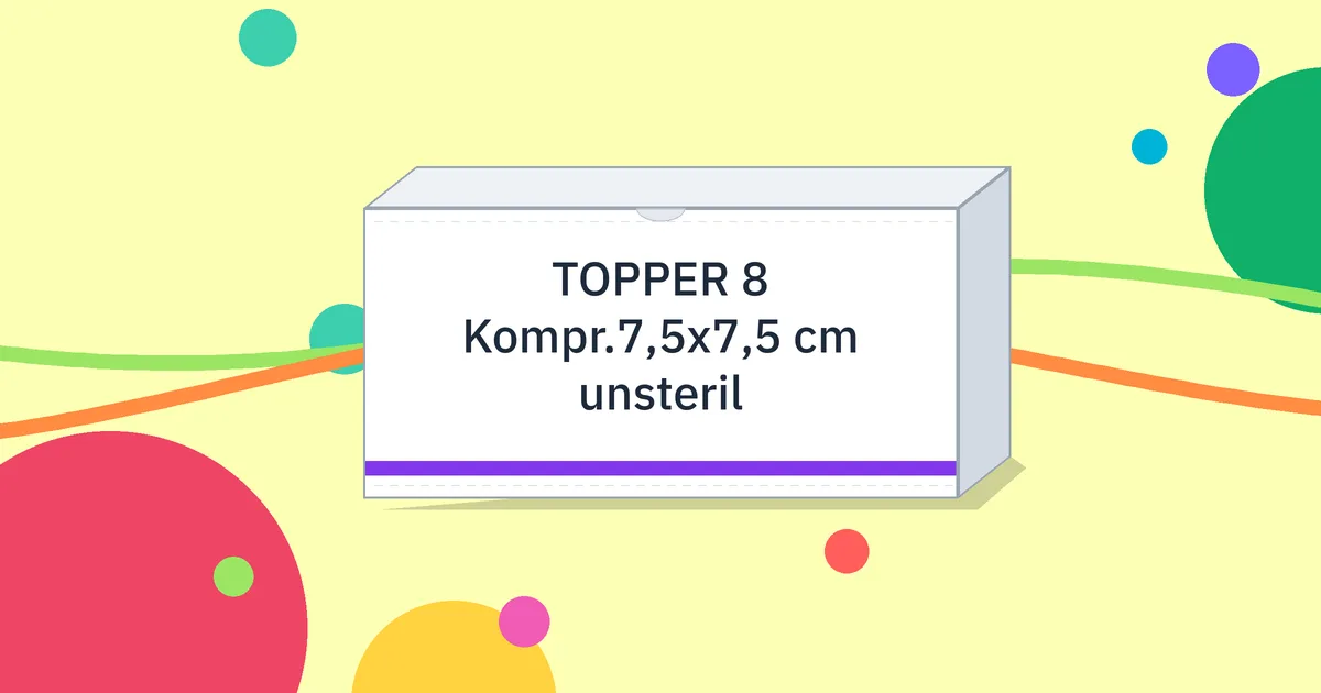 Symbolbild: Packung mit der Aufschrift TOPPER 8 Kompr.7,5x7,5 cm unsteril (PZN 03306811) – Verfügbarkeit und Bezug in Apotheken in Frankfurt am Main