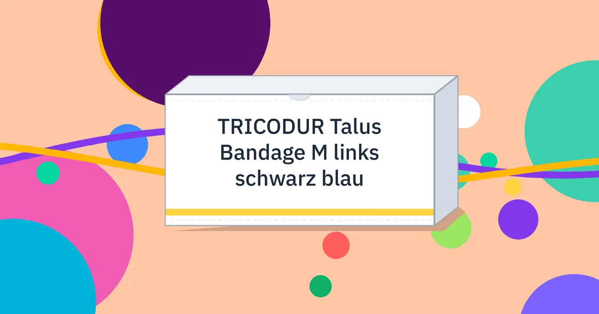 Symbolbild: Packung mit der Aufschrift TRICODUR Talus Bandage M links schwarz blau (PZN 03094473) – Verfügbarkeit und Bezug in Apotheken in Frankfurt am Main