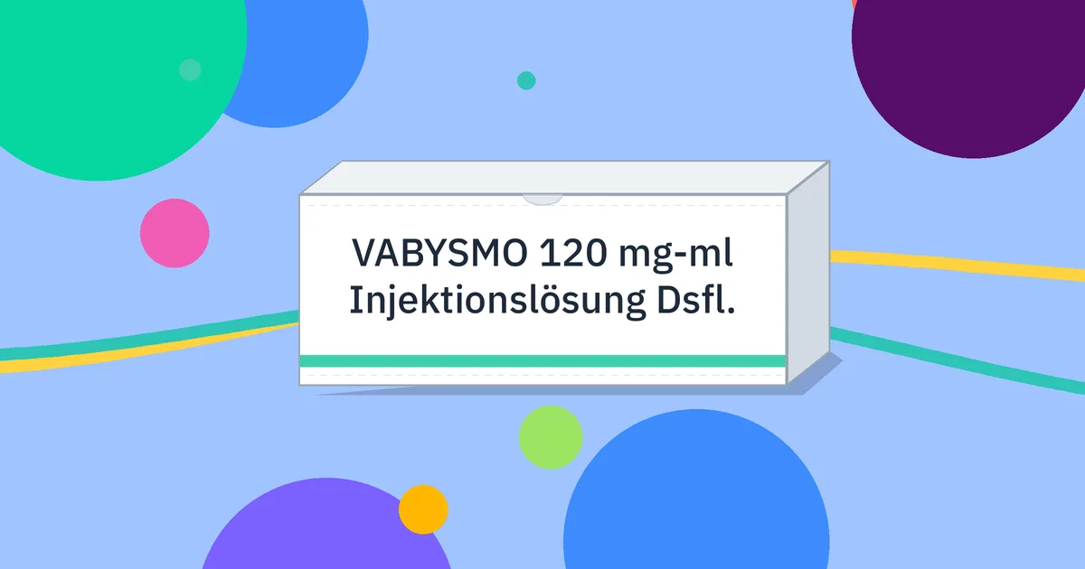 Symbolbild: Packung mit der Aufschrift VABYSMO 120 mg-ml Injektionslösung Dsfl. (PZN 19513618) – Verfügbarkeit und Bezug in Apotheken in Frankfurt am Main