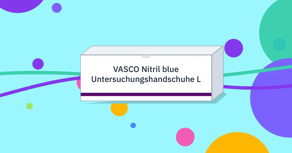 Symbolbild: Packung mit der Aufschrift VASCO Nitril blue Untersuchungshandschuhe L (PZN 08928279) – Verfügbarkeit und Bezug in Apotheken in Frankfurt am Main