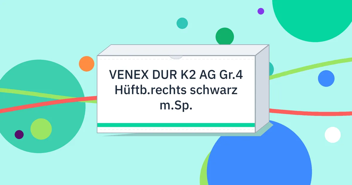 Symbolbild: Packung mit der Aufschrift VENEX DUR K2 AG Gr.4 Hüftb.rechts schwarz m.Sp. (PZN 03229329) – Verfügbarkeit und Bezug in Apotheken in Frankfurt am Main