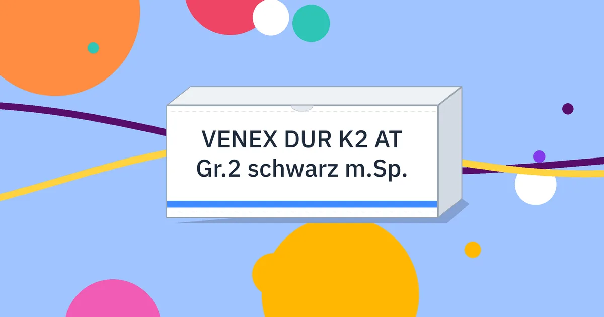 Symbolbild: Packung mit der Aufschrift VENEX DUR K2 AT Gr.2 schwarz m.Sp. (PZN 03222103) – Verfügbarkeit und Bezug in Apotheken in Frankfurt am Main