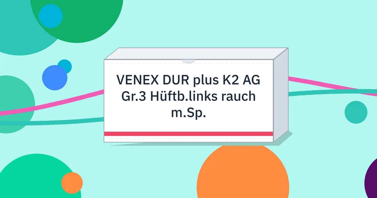 Symbolbild: Packung mit der Aufschrift VENEX DUR plus K2 AG Gr.3 Hüftb.links rauch m.Sp. (PZN 03237719) – Verfügbarkeit und Bezug in Apotheken in Frankfurt am Main