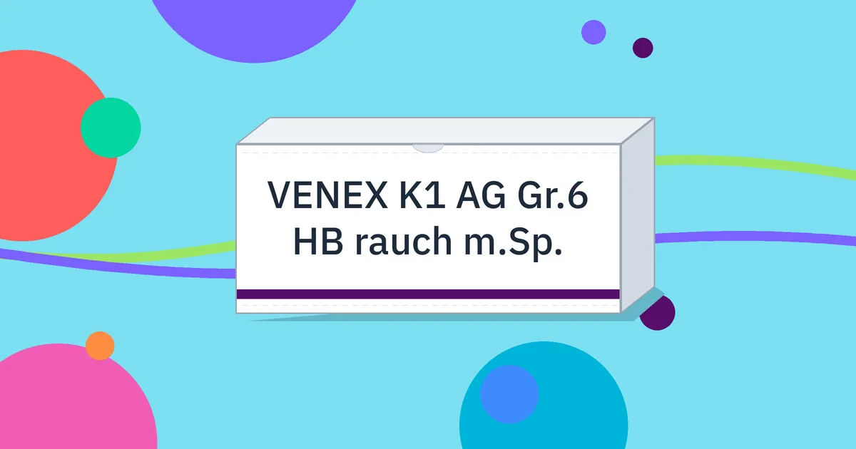 Symbolbild: Packung mit der Aufschrift VENEX K1 AG Gr.6 HB rauch m.Sp. (PZN 03190478) – Verfügbarkeit und Bezug in Apotheken in Frankfurt am Main