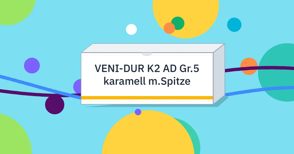 Symbolbild: Packung mit der Aufschrift VENI-DUR K2 AD Gr.5 karamell m.Spitze (PZN 13756219) – Verfügbarkeit und Bezug in Apotheken in Frankfurt am Main