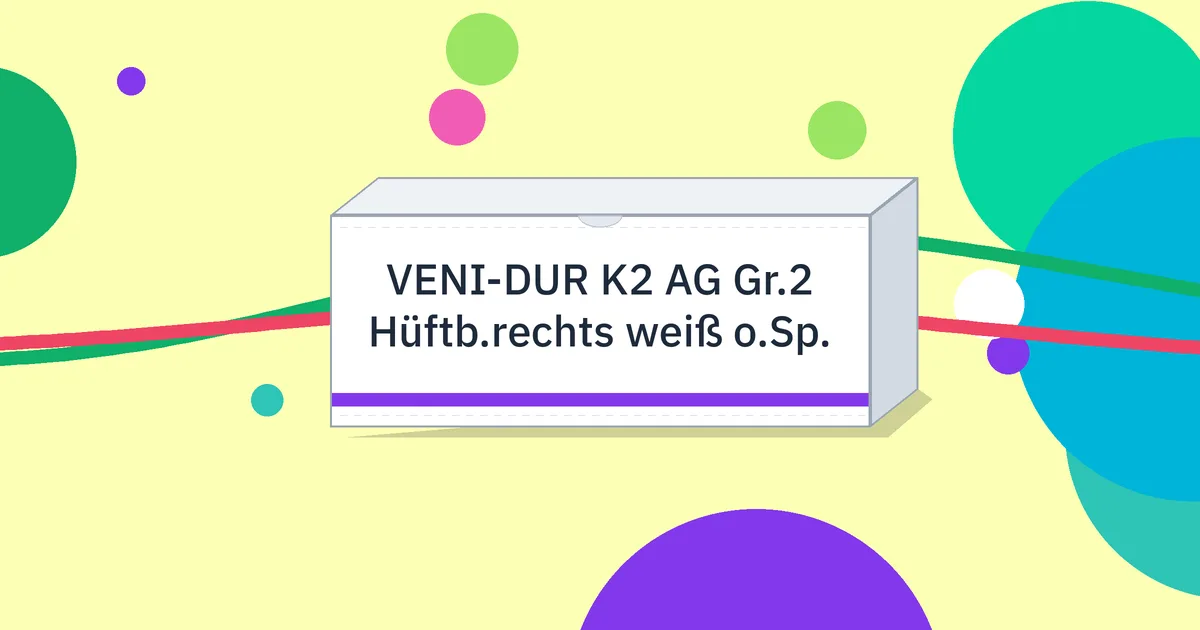Symbolbild: Packung mit der Aufschrift VENI-DUR K2 AG Gr.2 Hüftb.rechts weiß o.Sp. (PZN 03254652) – Verfügbarkeit und Bezug in Apotheken in Frankfurt am Main