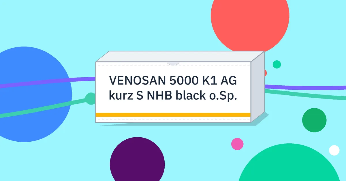 Symbolbild: Packung mit der Aufschrift VENOSAN 5000 K1 AG kurz S NHB black o.Sp. (PZN 14433004) – Verfügbarkeit und Bezug in Apotheken in Frankfurt am Main