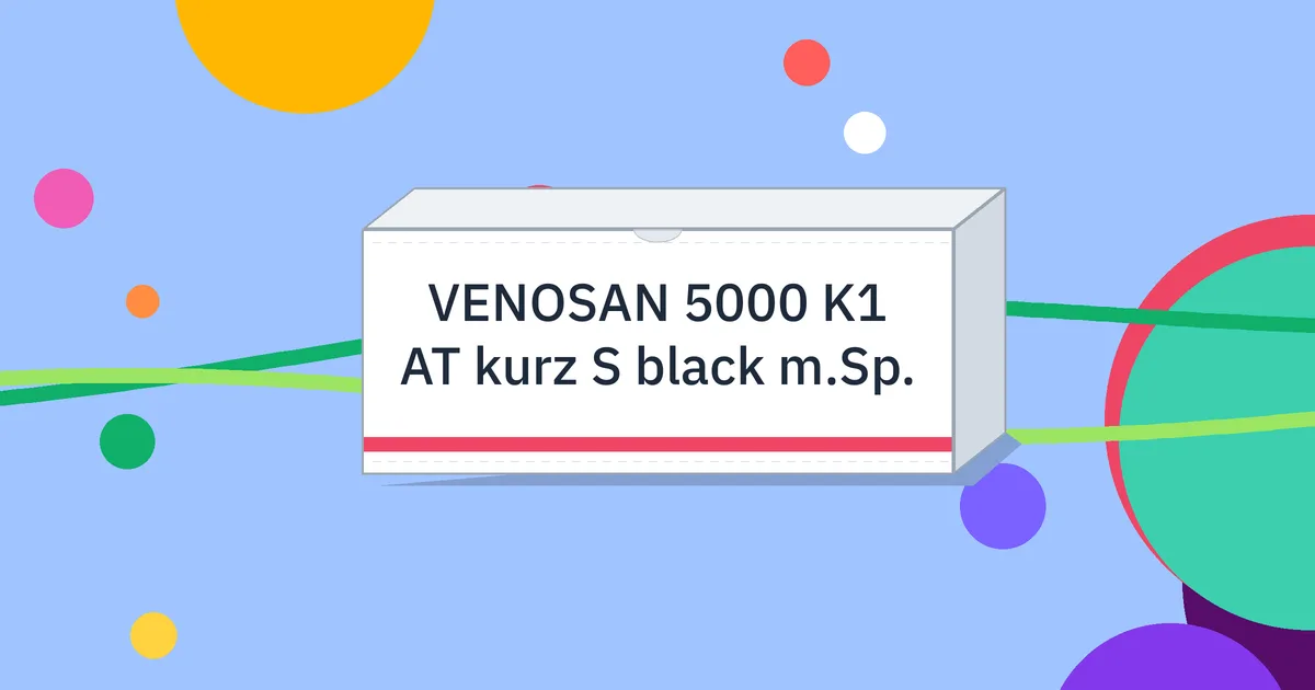 Symbolbild: Packung mit der Aufschrift VENOSAN 5000 K1 AT kurz S black m.Sp. (PZN 14432826) – Verfügbarkeit und Bezug in Apotheken in Frankfurt am Main