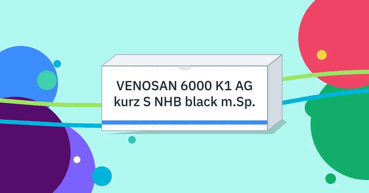 Symbolbild: Packung mit der Aufschrift VENOSAN 6000 K1 AG kurz S NHB black m.Sp. (PZN 17171869) – Verfügbarkeit und Bezug in Apotheken in Frankfurt am Main