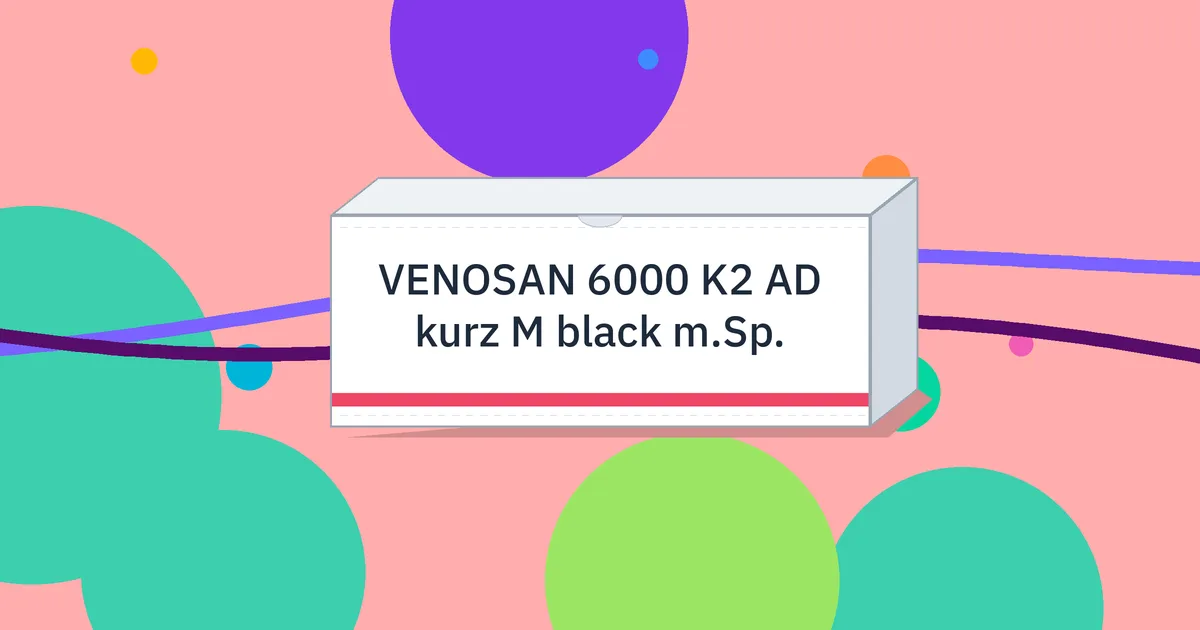 Symbolbild: Packung mit der Aufschrift VENOSAN 6000 K2 AD kurz M black m.Sp. (PZN 17172573) – Verfügbarkeit und Bezug in Apotheken in Frankfurt am Main