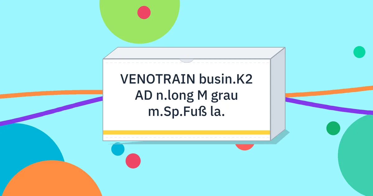 Symbolbild: Packung mit der Aufschrift VENOTRAIN busin.K2 AD n.long M grau m.Sp.Fuß la. (PZN 19056813) – Verfügbarkeit und Bezug in Apotheken in Frankfurt am Main