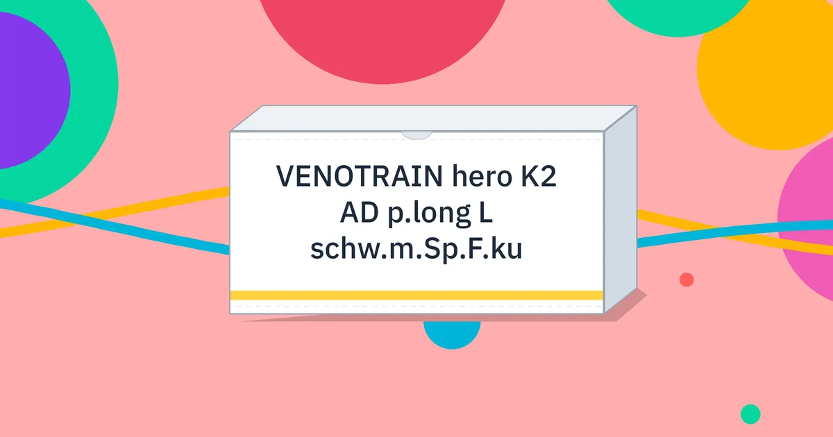 Symbolbild: Packung mit der Aufschrift VENOTRAIN hero K2 AD p.long L schw.m.Sp.F.ku (PZN 19189750) – Verfügbarkeit und Bezug in Apotheken in Frankfurt am Main