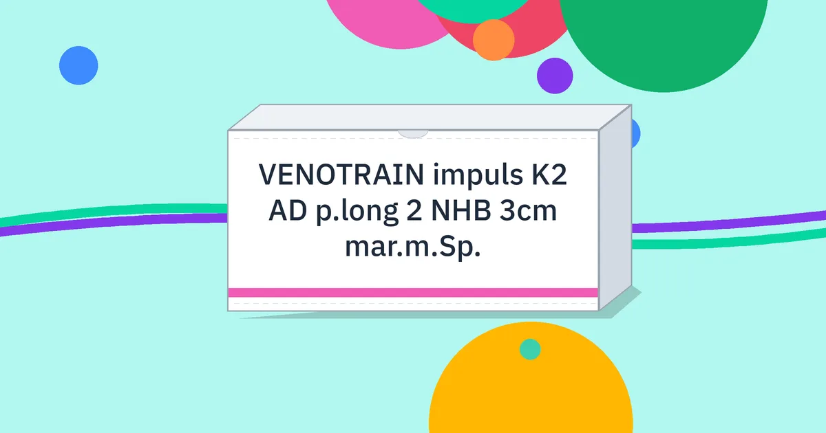 Symbolbild: Packung mit der Aufschrift VENOTRAIN impuls K2 AD p.long 2 NHB 3cm mar.m.Sp. (PZN 15223668) – Verfügbarkeit und Bezug in Apotheken in Frankfurt am Main