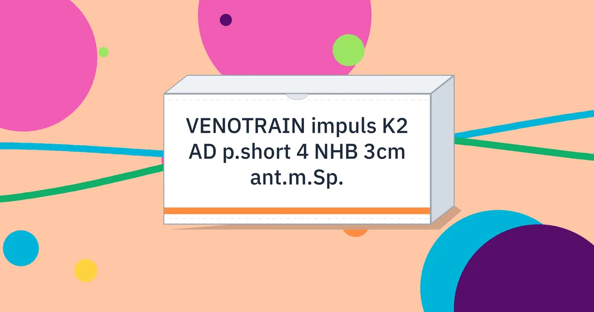 Symbolbild: Packung mit der Aufschrift VENOTRAIN impuls K2 AD p.short 4 NHB 3cm ant.m.Sp. (PZN 15224171) – Verfügbarkeit und Bezug in Apotheken in Frankfurt am Main