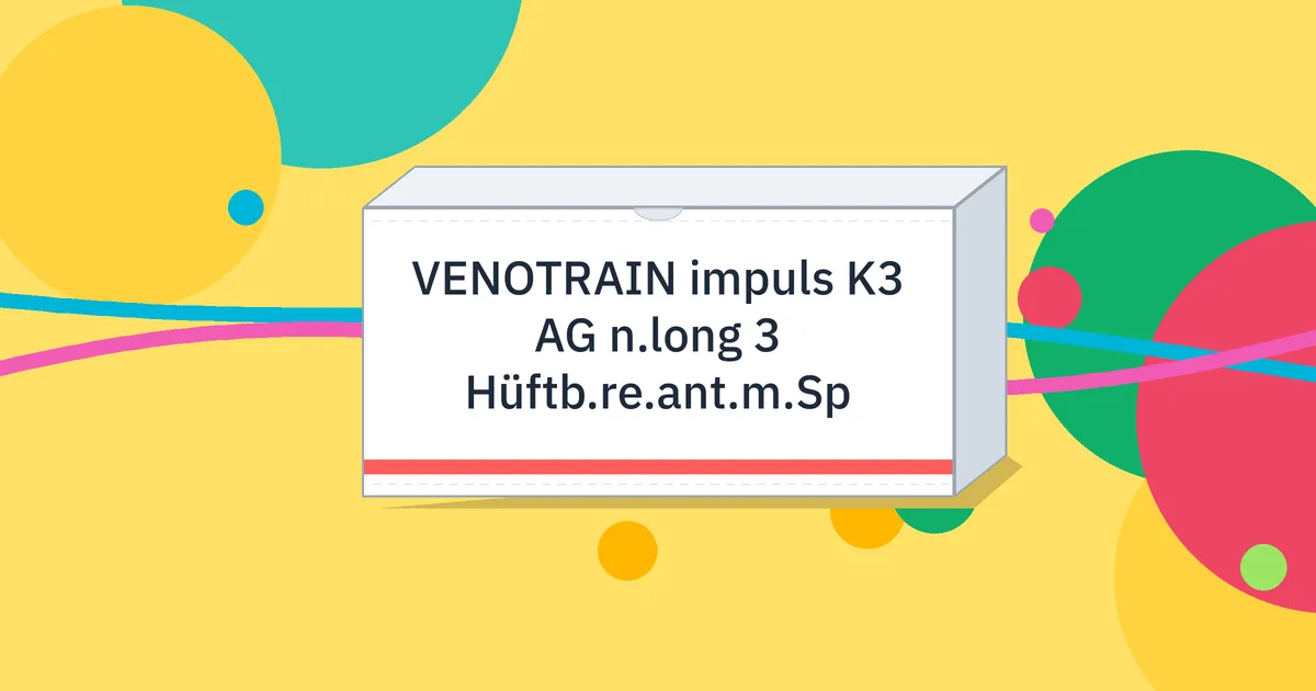 Symbolbild: Packung mit der Aufschrift VENOTRAIN impuls K3 AG n.long 3 Hüftb.re.ant.m.Sp (PZN 15218213) – Verfügbarkeit und Bezug in Apotheken in Frankfurt am Main