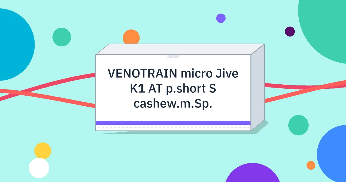 Symbolbild: Packung mit der Aufschrift VENOTRAIN micro Jive K1 AT p.short S cashew.m.Sp. (PZN 20765963) – Verfügbarkeit und Bezug in Apotheken in Frankfurt am Main