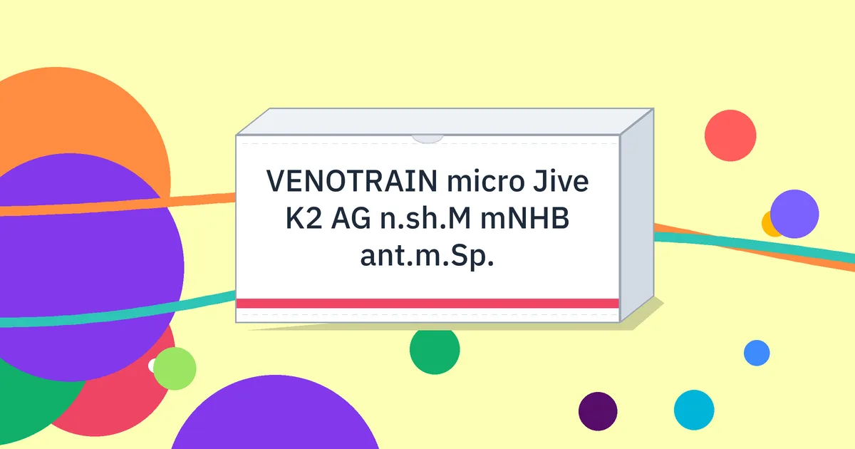 Symbolbild: Packung mit der Aufschrift VENOTRAIN micro Jive K2 AG n.sh.M mNHB ant.m.Sp. (PZN 17761163) – Verfügbarkeit und Bezug in Apotheken in Frankfurt am Main