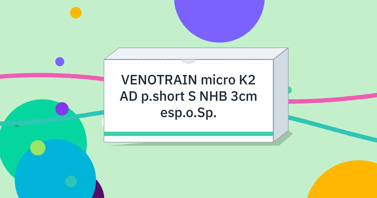 Symbolbild: Packung mit der Aufschrift VENOTRAIN micro K2 AD p.short S NHB 3cm esp.o.Sp. (PZN 05719500) – Verfügbarkeit und Bezug in Apotheken in Frankfurt am Main
