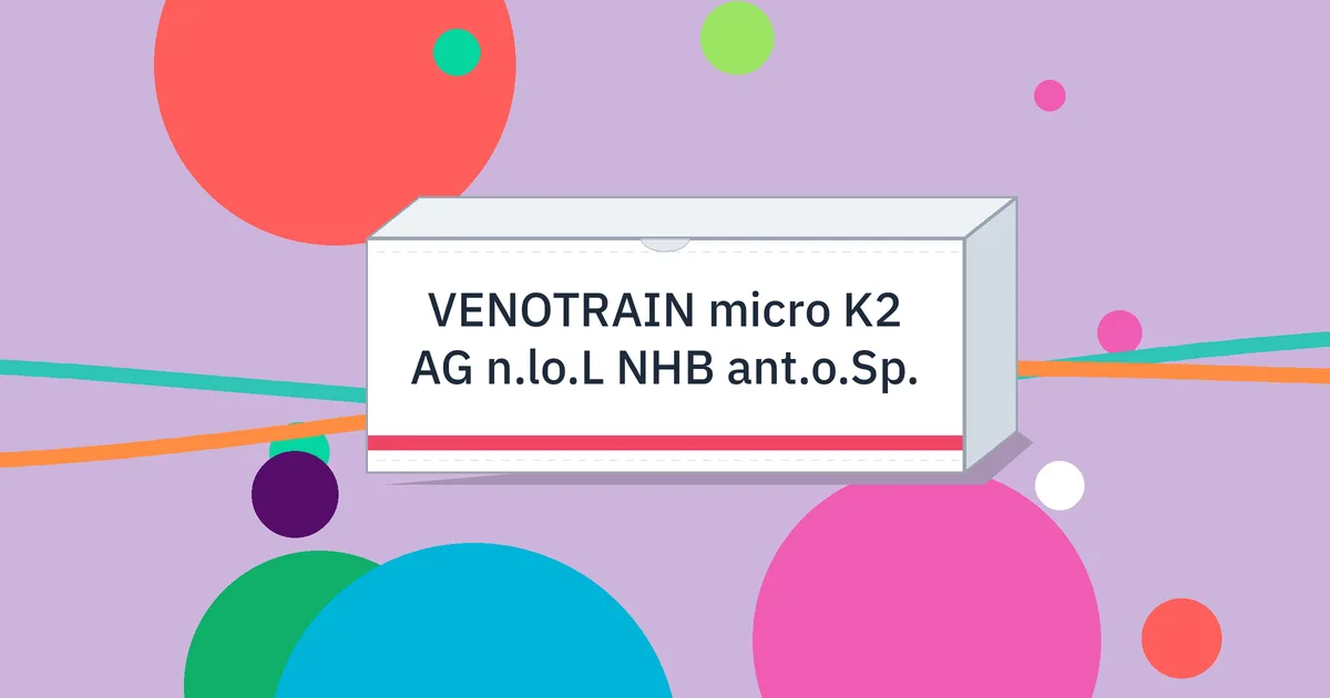 Symbolbild: Packung mit der Aufschrift VENOTRAIN micro K2 AG n.lo.L NHB ant.o.Sp. (PZN 11064262) – Verfügbarkeit und Bezug in Apotheken in Frankfurt am Main