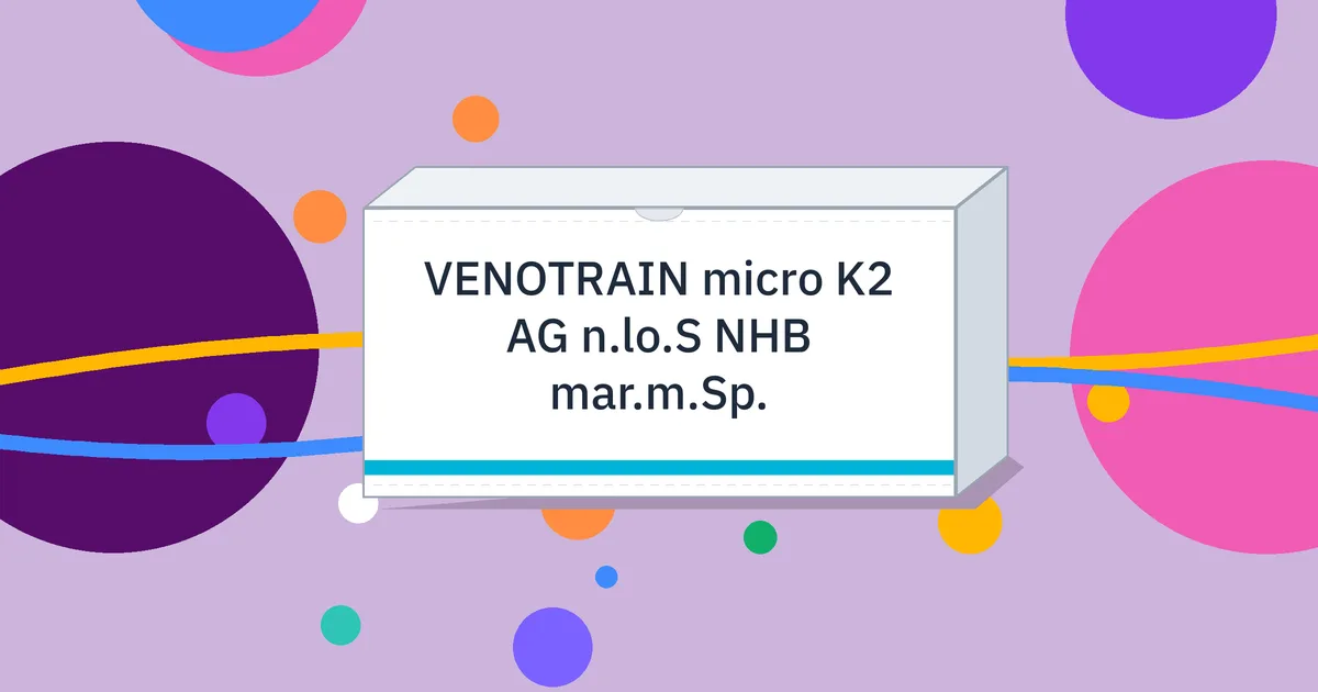 Symbolbild: Packung mit der Aufschrift VENOTRAIN micro K2 AG n.lo.S NHB mar.m.Sp. (PZN 06699308) – Verfügbarkeit und Bezug in Apotheken in Frankfurt am Main