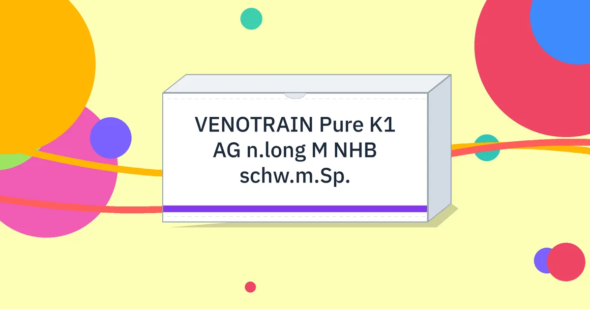 Symbolbild: Packung mit der Aufschrift VENOTRAIN Pure K1 AG n.long M NHB schw.m.Sp. (PZN 18147525) – Verfügbarkeit und Bezug in Apotheken in Frankfurt am Main