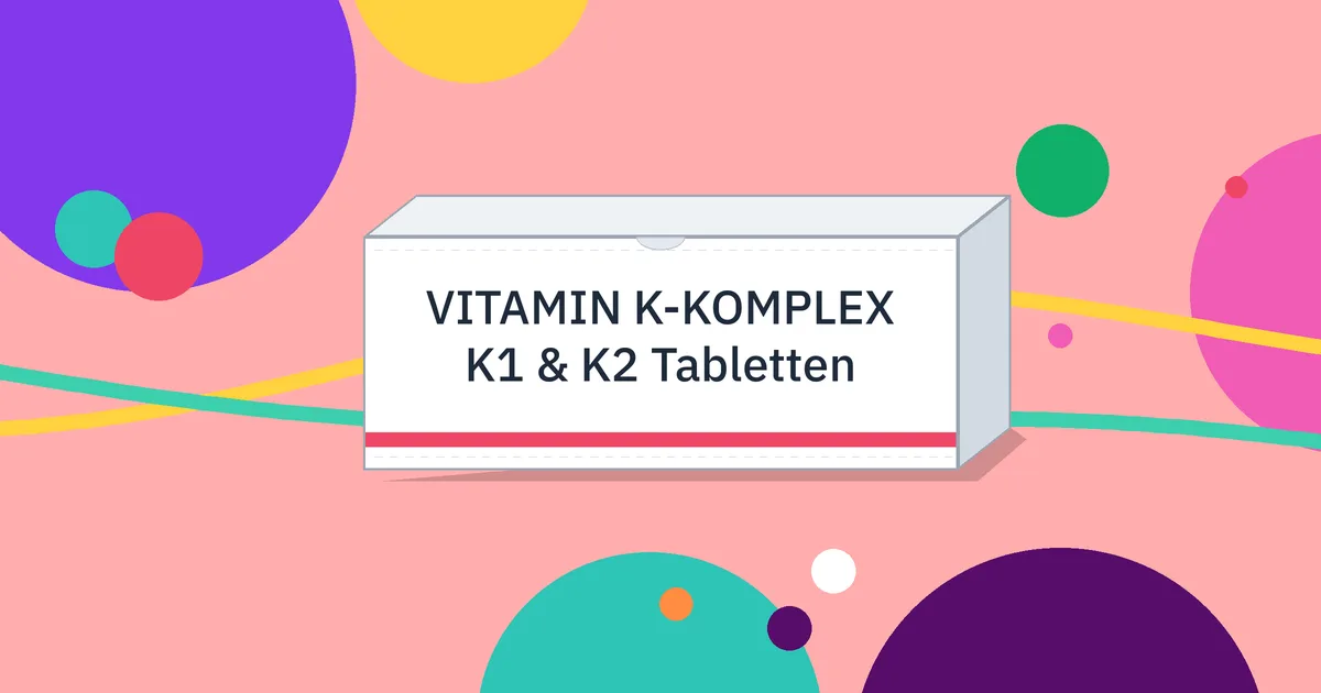 Symbolbild: Packung mit der Aufschrift VITAMIN K-KOMPLEX K1 & K2 Tabletten (PZN 20895370) – Verfügbarkeit und Bezug in Apotheken in Frankfurt am Main