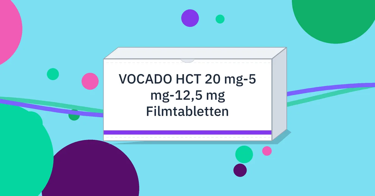 Symbolbild: Packung mit der Aufschrift VOCADO HCT 20 mg-5 mg-12,5 mg Filmtabletten (PZN 07381821) – Verfügbarkeit und Bezug in Apotheken in Frankfurt am Main
