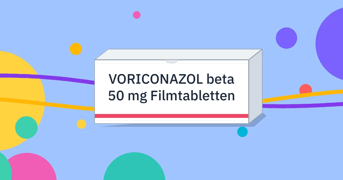 Symbolbild: Packung mit der Aufschrift VORICONAZOL beta 50 mg Filmtabletten (PZN 08833171) – Verfügbarkeit und Bezug in Apotheken in Frankfurt am Main