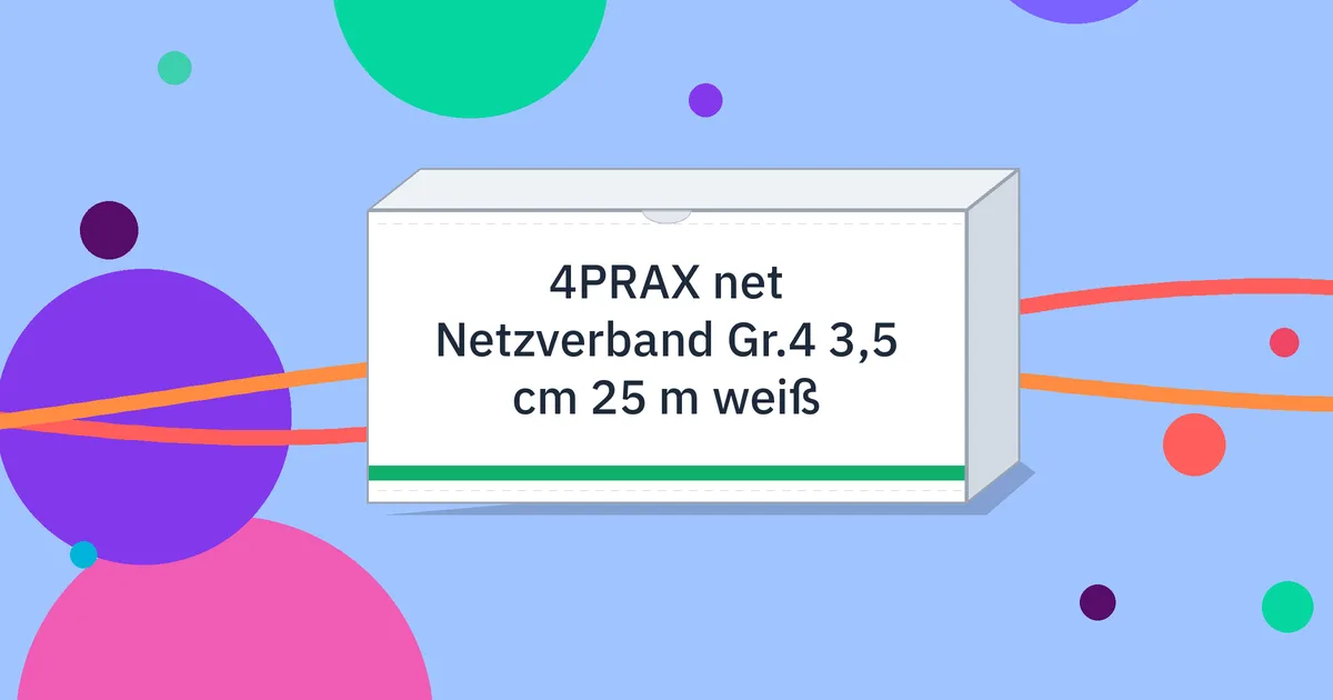 Symbolbild: Packung mit der Aufschrift 4PRAX net Netzverband Gr.4 3,5 cm 25 m weiß (PZN 20230707) – Verfügbarkeit und Bezug in Apotheken in Frankfurt am Main