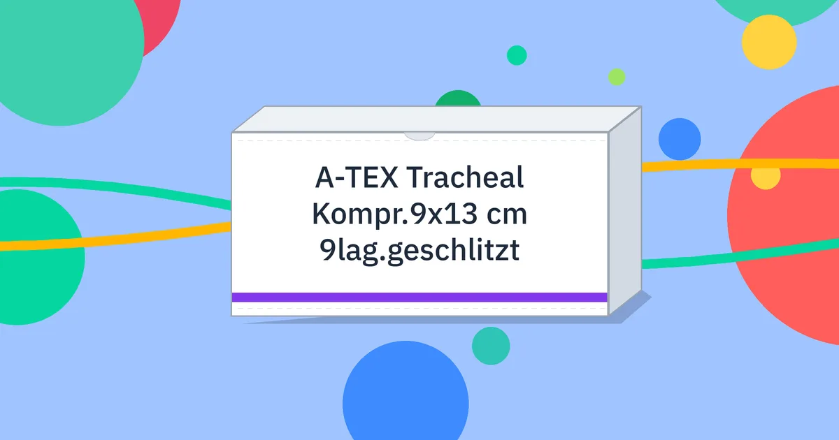 Symbolbild: Packung mit der Aufschrift A-TEX Tracheal Kompr.9x13 cm 9lag.geschlitzt (PZN 04181257) – Verfügbarkeit und Bezug in Apotheken in Frankfurt am Main