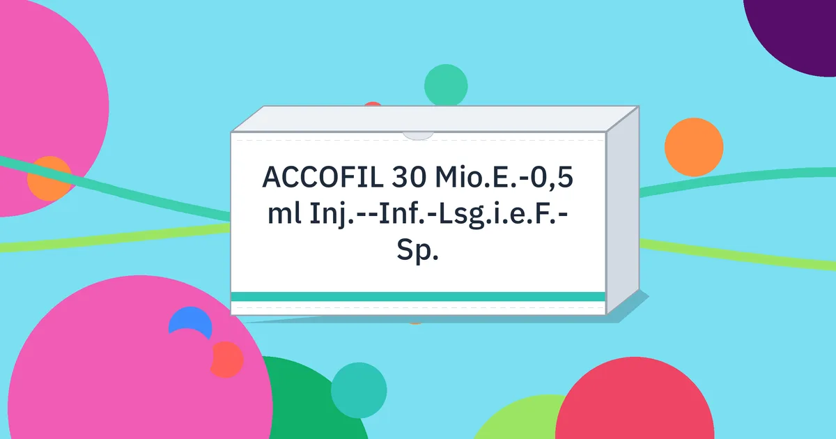 Symbolbild: Packung mit der Aufschrift ACCOFIL 30 Mio.E.-0,5 ml Inj.--Inf.-Lsg.i.e.F.-Sp. (PZN 16884231) – Verfügbarkeit und Bezug in Apotheken in Frankfurt am Main
