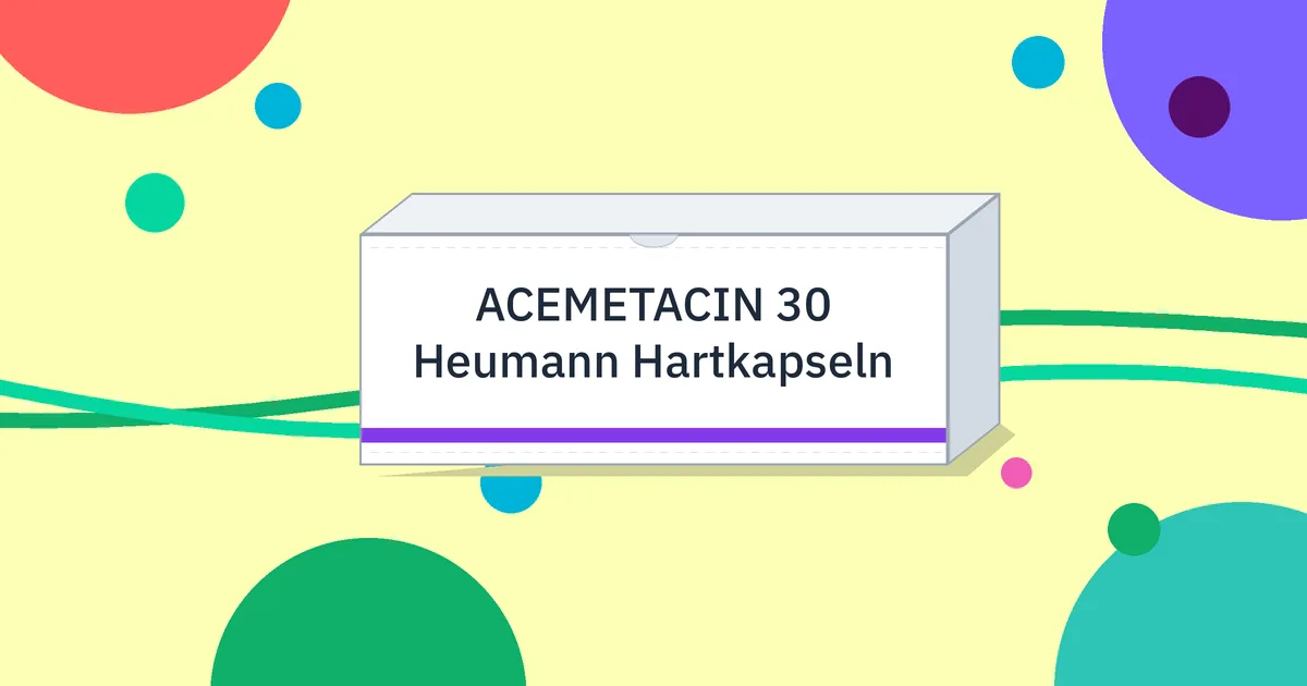 Symbolbild: Packung mit der Aufschrift ACEMETACIN 30 Heumann Hartkapseln (PZN 19468160) – Verfügbarkeit und Bezug in Apotheken in Frankfurt am Main