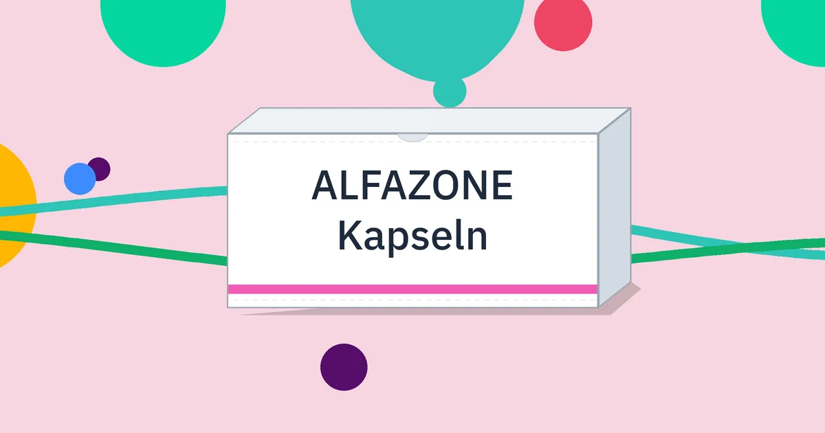 Symbolbild: Packung mit der Aufschrift ALFAZONE Kapseln (PZN 18881484) – Verfügbarkeit und Bezug in Apotheken in Frankfurt am Main
