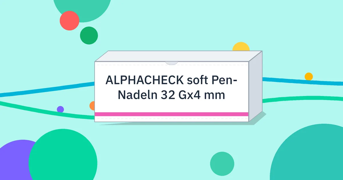 Symbolbild: Packung mit der Aufschrift ALPHACHECK soft Pen-Nadeln 32 Gx4 mm (PZN 12438842) – Verfügbarkeit und Bezug in Apotheken in Frankfurt am Main