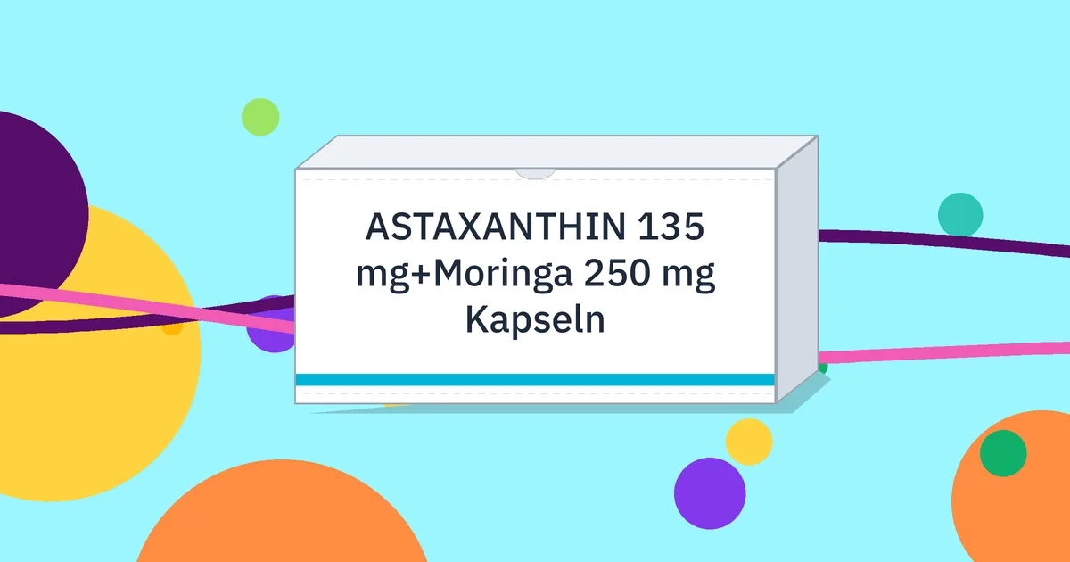 Symbolbild: Packung mit der Aufschrift ASTAXANTHIN 135 mg+Moringa 250 mg Kapseln (PZN 11192936) – Verfügbarkeit und Bezug in Apotheken in Frankfurt am Main