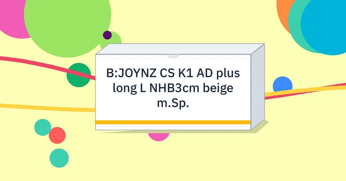 Symbolbild: Packung mit der Aufschrift B:JOYNZ CS K1 AD plus long L NHB3cm beige m.Sp. (PZN 20529151) – Verfügbarkeit und Bezug in Apotheken in Frankfurt am Main