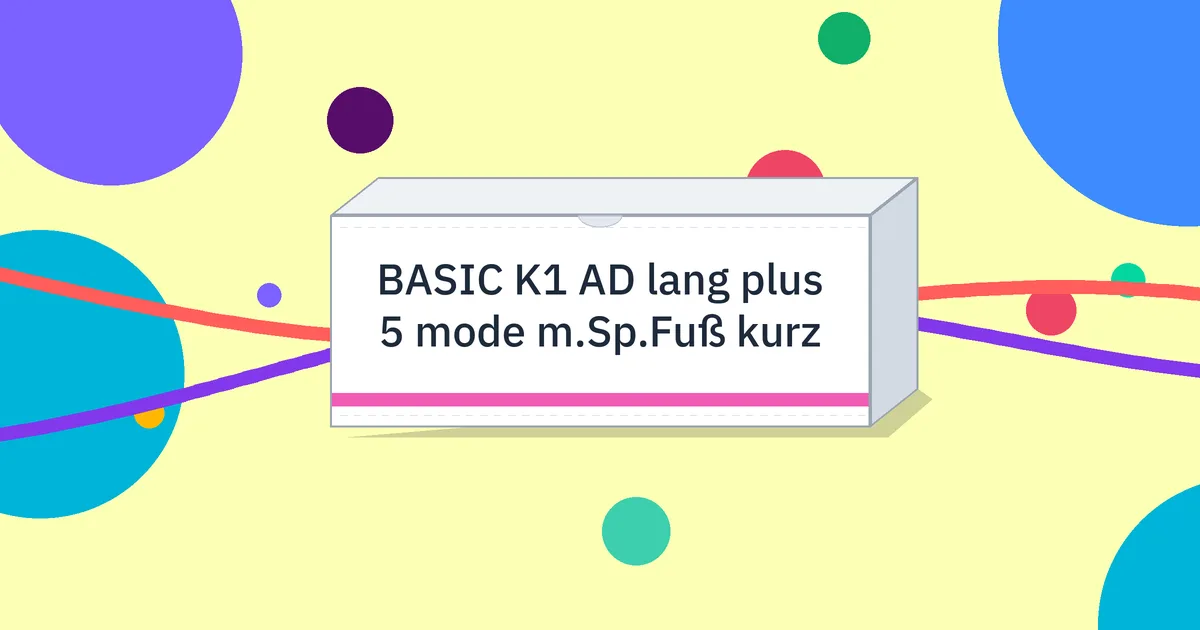 Symbolbild: Packung mit der Aufschrift BASIC K1 AD lang plus 5 mode m.Sp.Fuß kurz (PZN 20258982) – Verfügbarkeit und Bezug in Apotheken in Frankfurt am Main