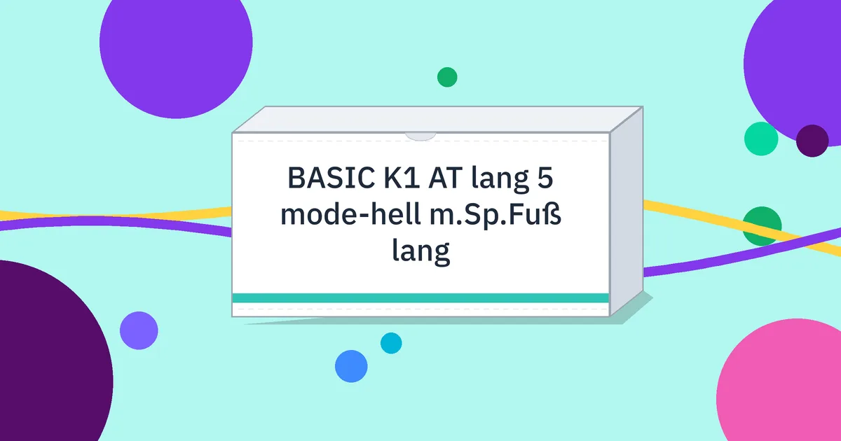 Symbolbild: Packung mit der Aufschrift BASIC K1 AT lang 5 mode-hell m.Sp.Fuß lang (PZN 20263061) – Verfügbarkeit und Bezug in Apotheken in Frankfurt am Main