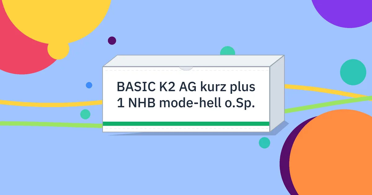 Symbolbild: Packung mit der Aufschrift BASIC K2 AG kurz plus 1 NHB mode-hell o.Sp. (PZN 20266272) – Verfügbarkeit und Bezug in Apotheken in Frankfurt am Main