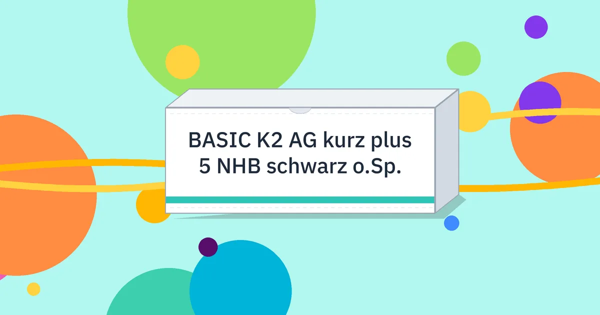 Symbolbild: Packung mit der Aufschrift BASIC K2 AG kurz plus 5 NHB schwarz o.Sp. (PZN 20267923) – Verfügbarkeit und Bezug in Apotheken in Frankfurt am Main