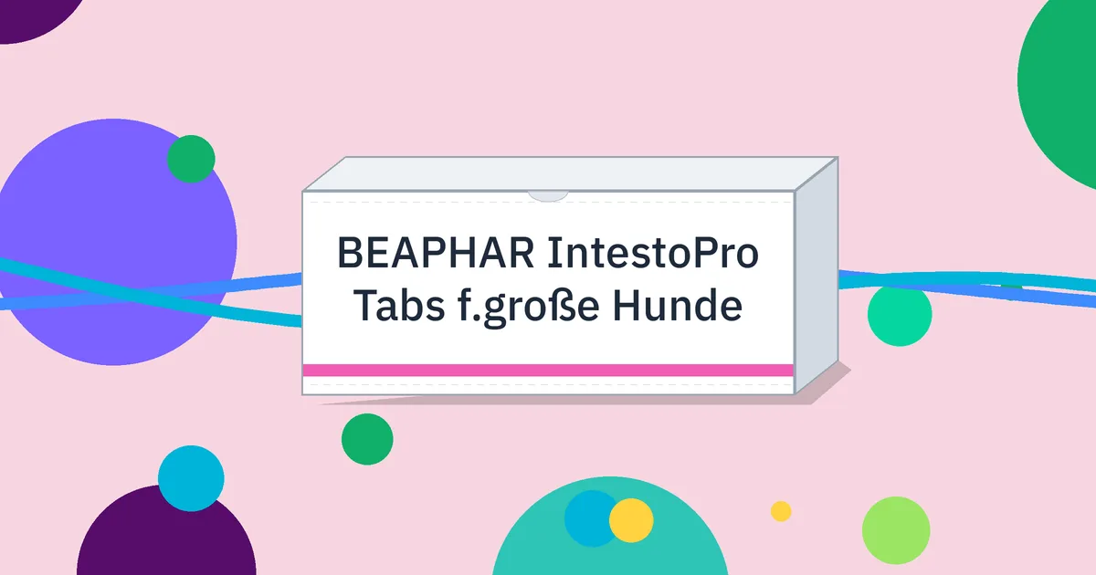 Symbolbild: Packung mit der Aufschrift BEAPHAR IntestoPro Tabs f.große Hunde (PZN 19765604) – Verfügbarkeit und Bezug in Apotheken in Frankfurt am Main