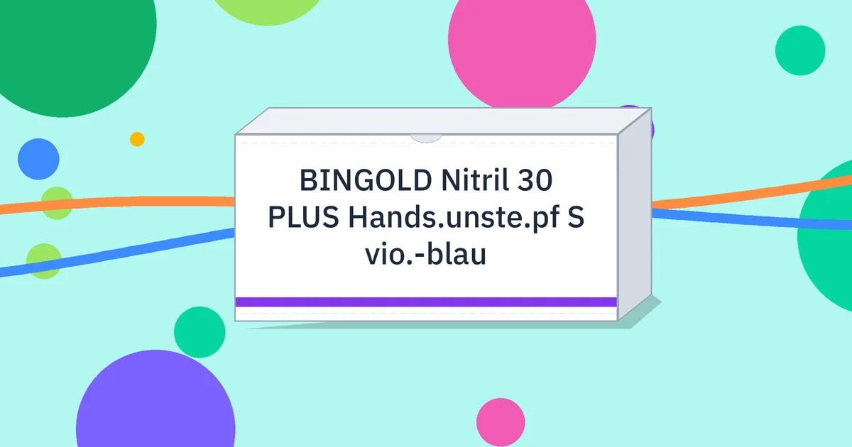 Symbolbild: Packung mit der Aufschrift BINGOLD Nitril 30 PLUS Hands.unste.pf S vio.-blau (PZN 17384358) – Verfügbarkeit und Bezug in Apotheken in Frankfurt am Main