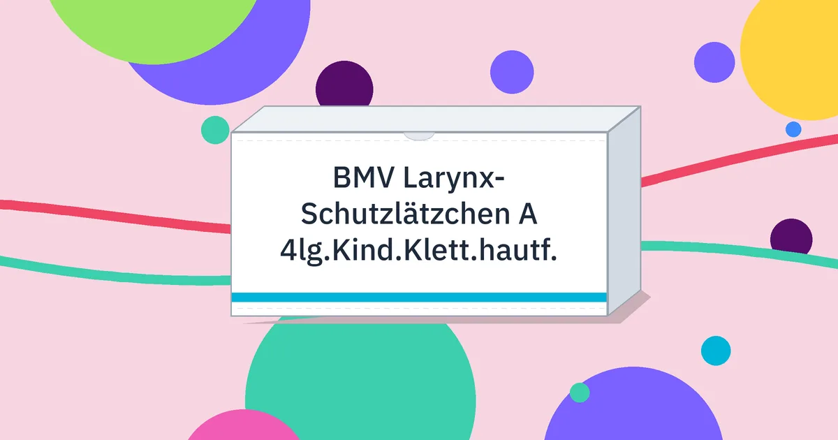 Symbolbild: Packung mit der Aufschrift BMV Larynx-Schutzlätzchen A 4lg.Kind.Klett.hautf. (PZN 10083665) – Verfügbarkeit und Bezug in Apotheken in Frankfurt am Main