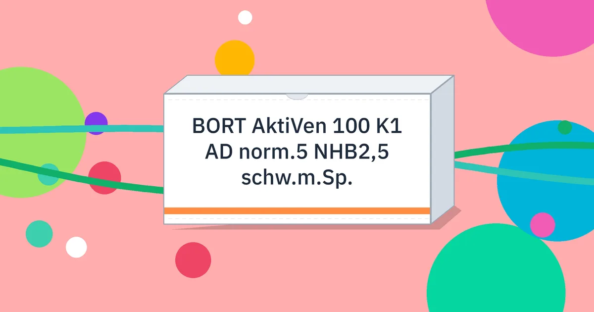 Symbolbild: Packung mit der Aufschrift BORT AktiVen 100 K1 AD norm.5 NHB2,5 schw.m.Sp. (PZN 17502131) – Verfügbarkeit und Bezug in Apotheken in Frankfurt am Main