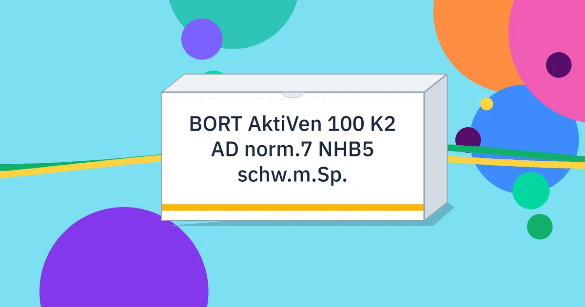 Symbolbild: Packung mit der Aufschrift BORT AktiVen 100 K2 AD norm.7 NHB5 schw.m.Sp. (PZN 17497097) – Verfügbarkeit und Bezug in Apotheken in Frankfurt am Main